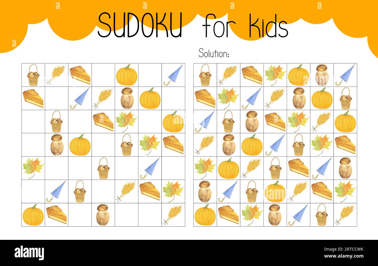 Sudoku educational game, leisure activity worksheet watercolor ...