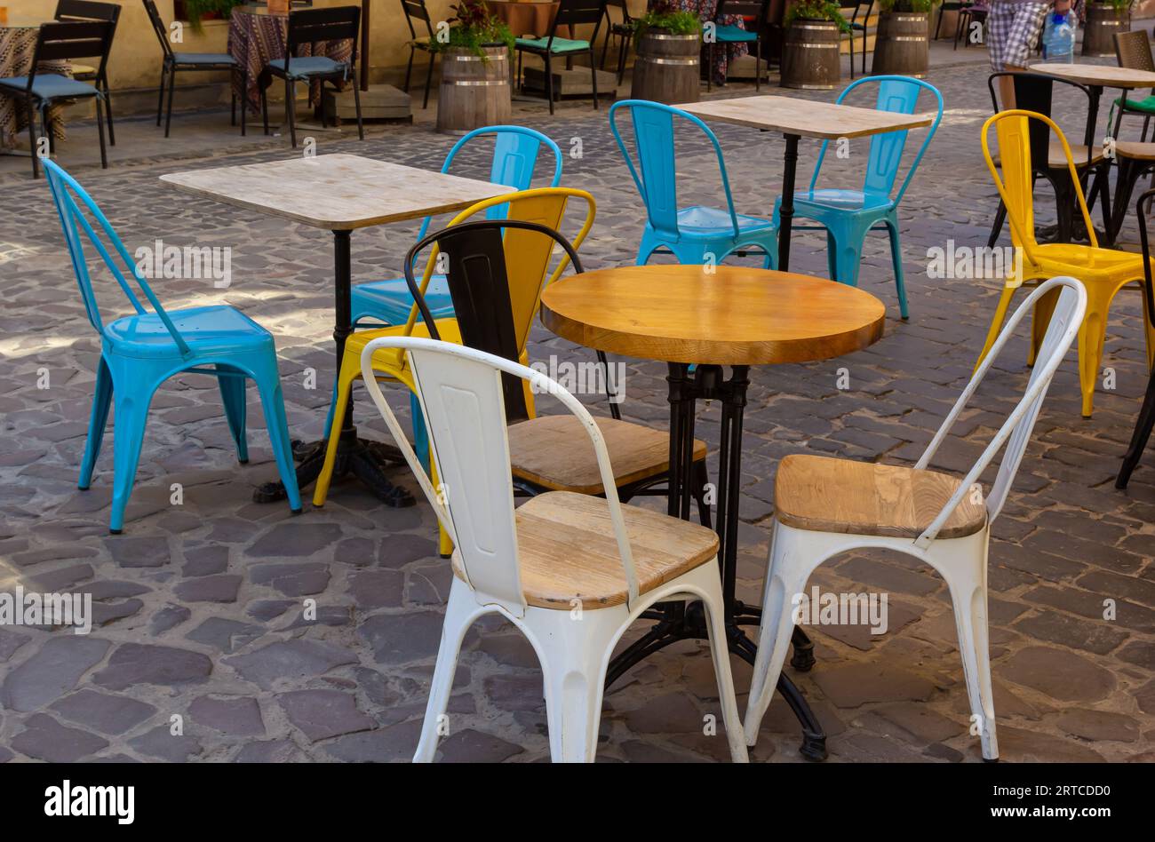 Cozy street with cafe tables in Lviv, Ukraine. Summer street cafe Stock ...