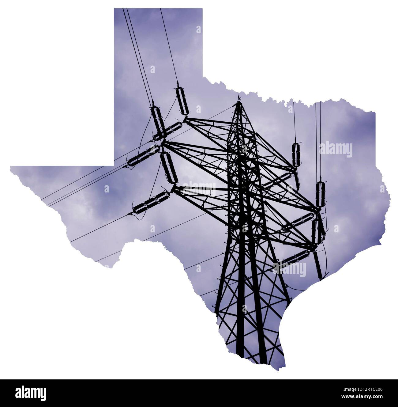 Outline of Texas map with power line mast in background as electricity ...