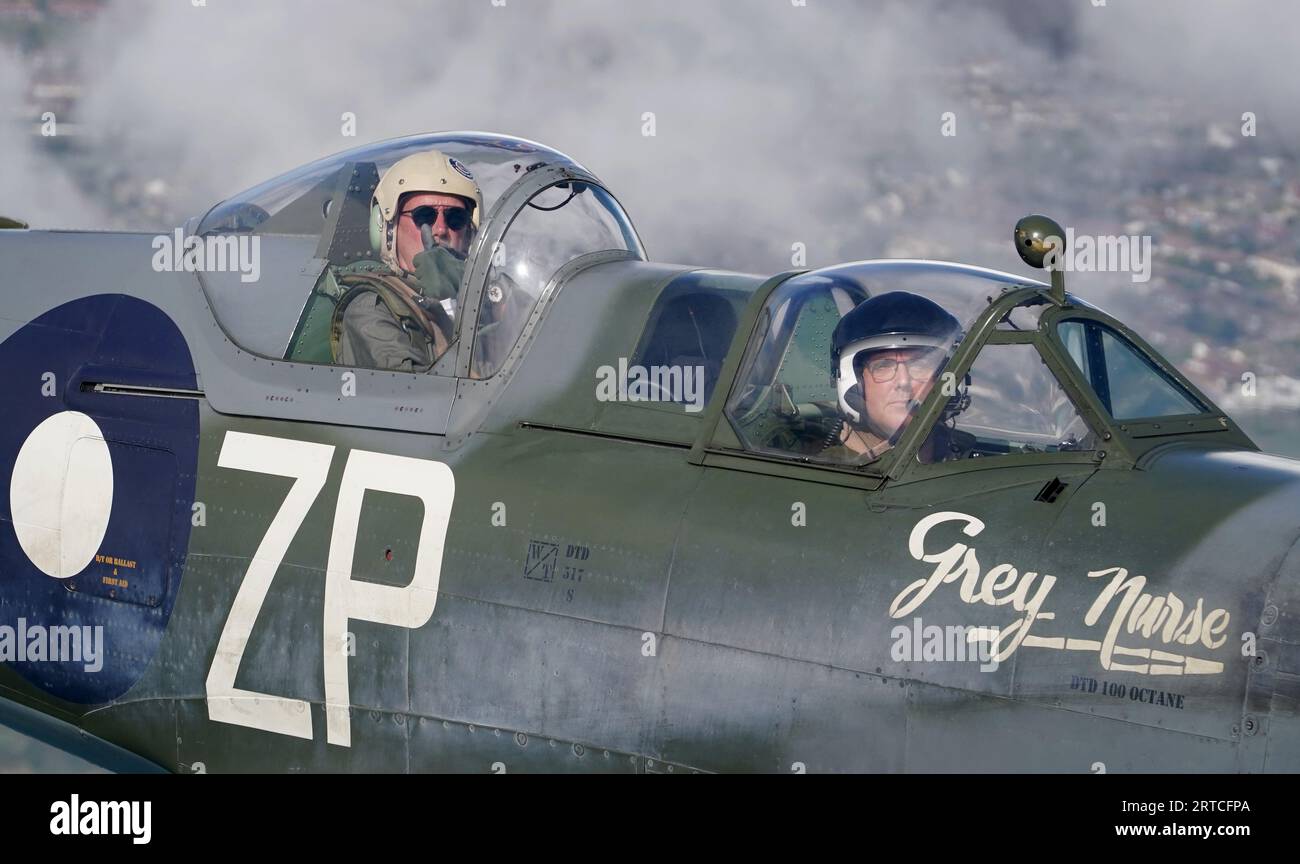 Chelsea pensioner Mike Smith in the rear of one of two Spitfires flying ...