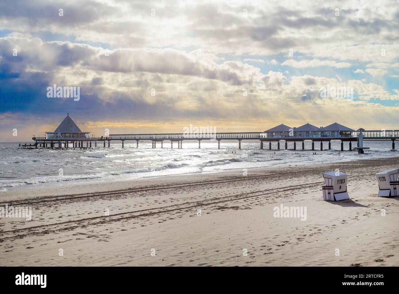 pier and beach of Heringsdorf, Germany. The baltic Sea in Usedom Island ...