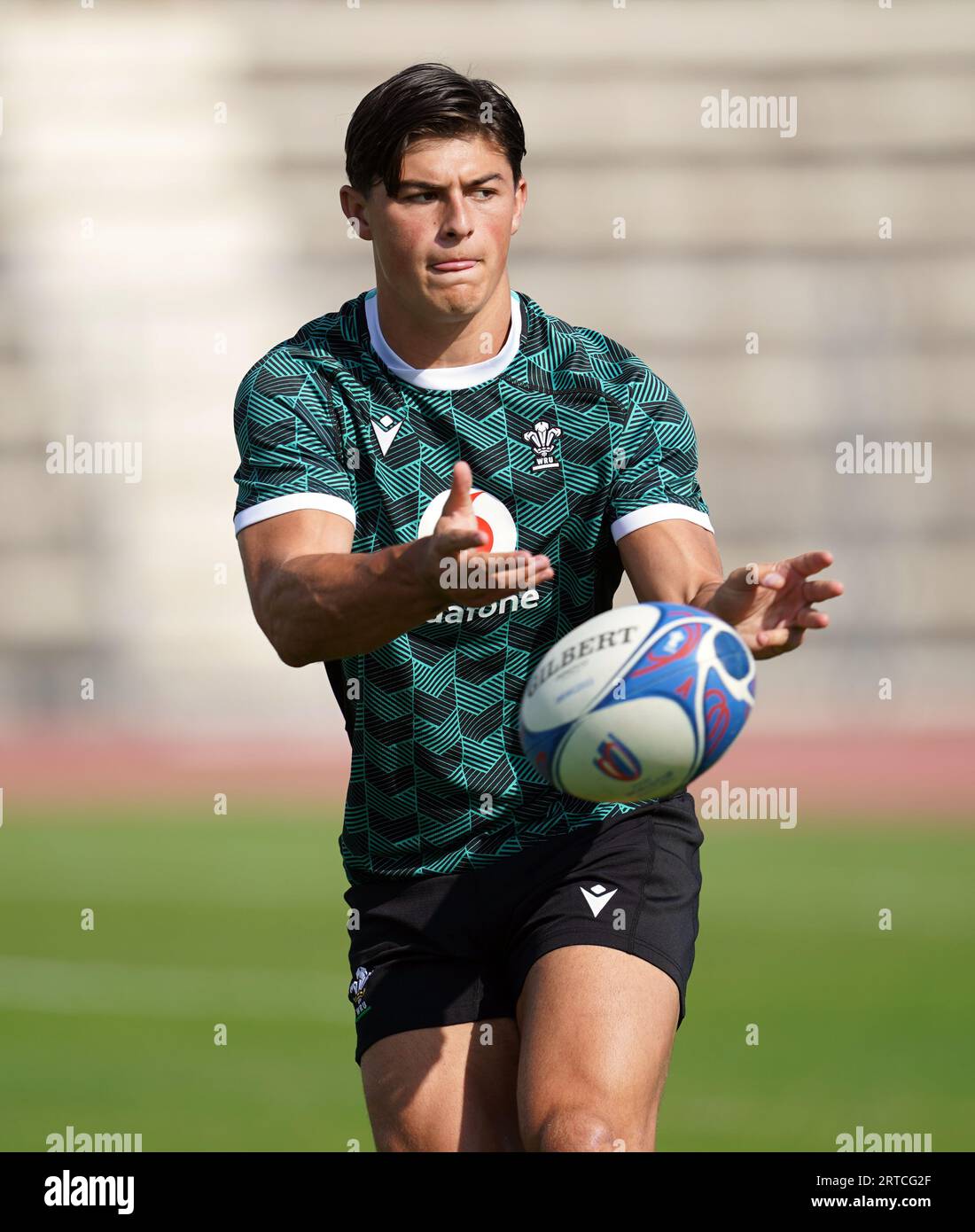 Wales' Louis Rees-Zammit during a training session at the Stade Charles ...