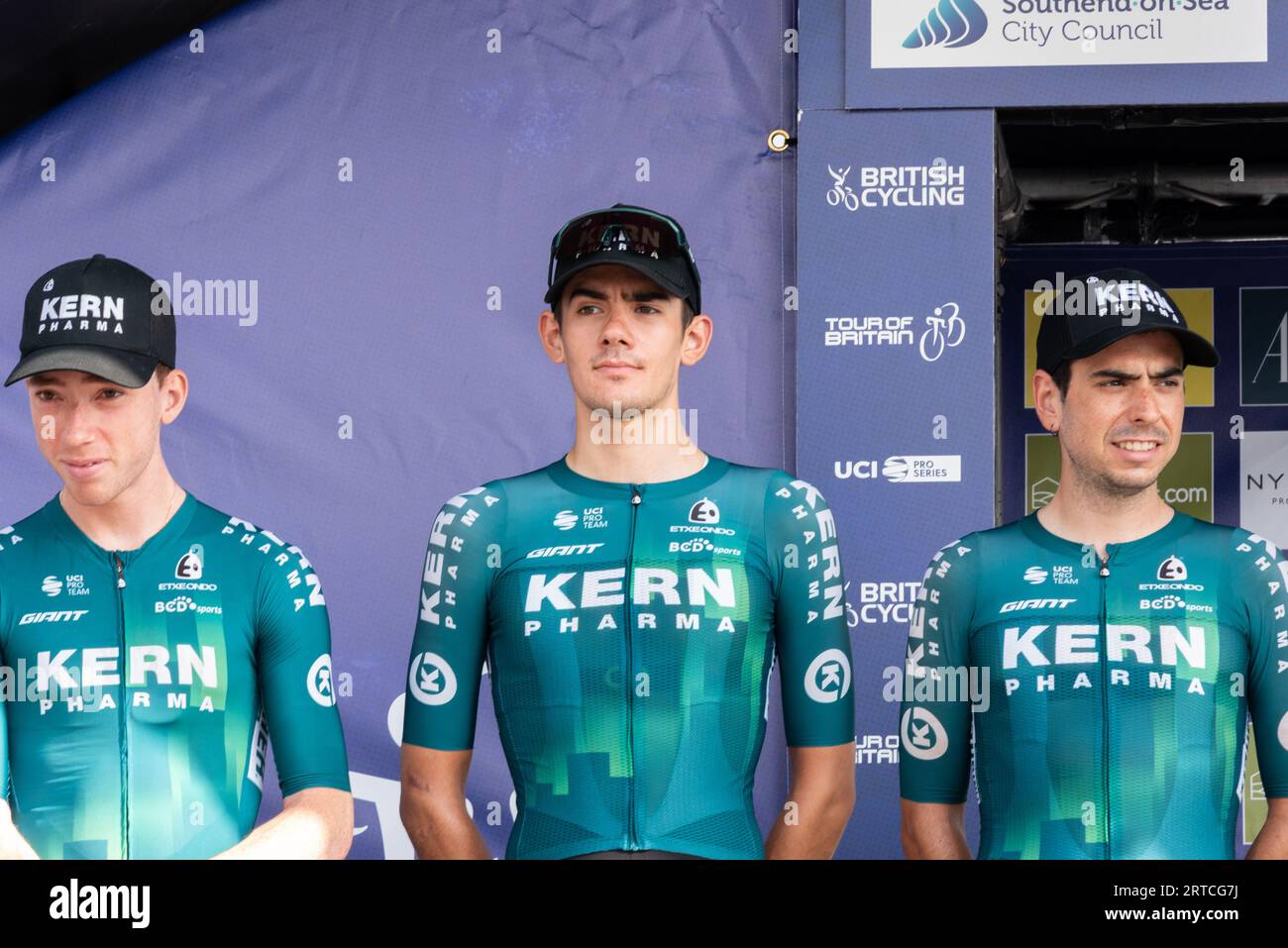 Riders of team Equipo Kern Pharma at the Tour of Britain cycle race ...