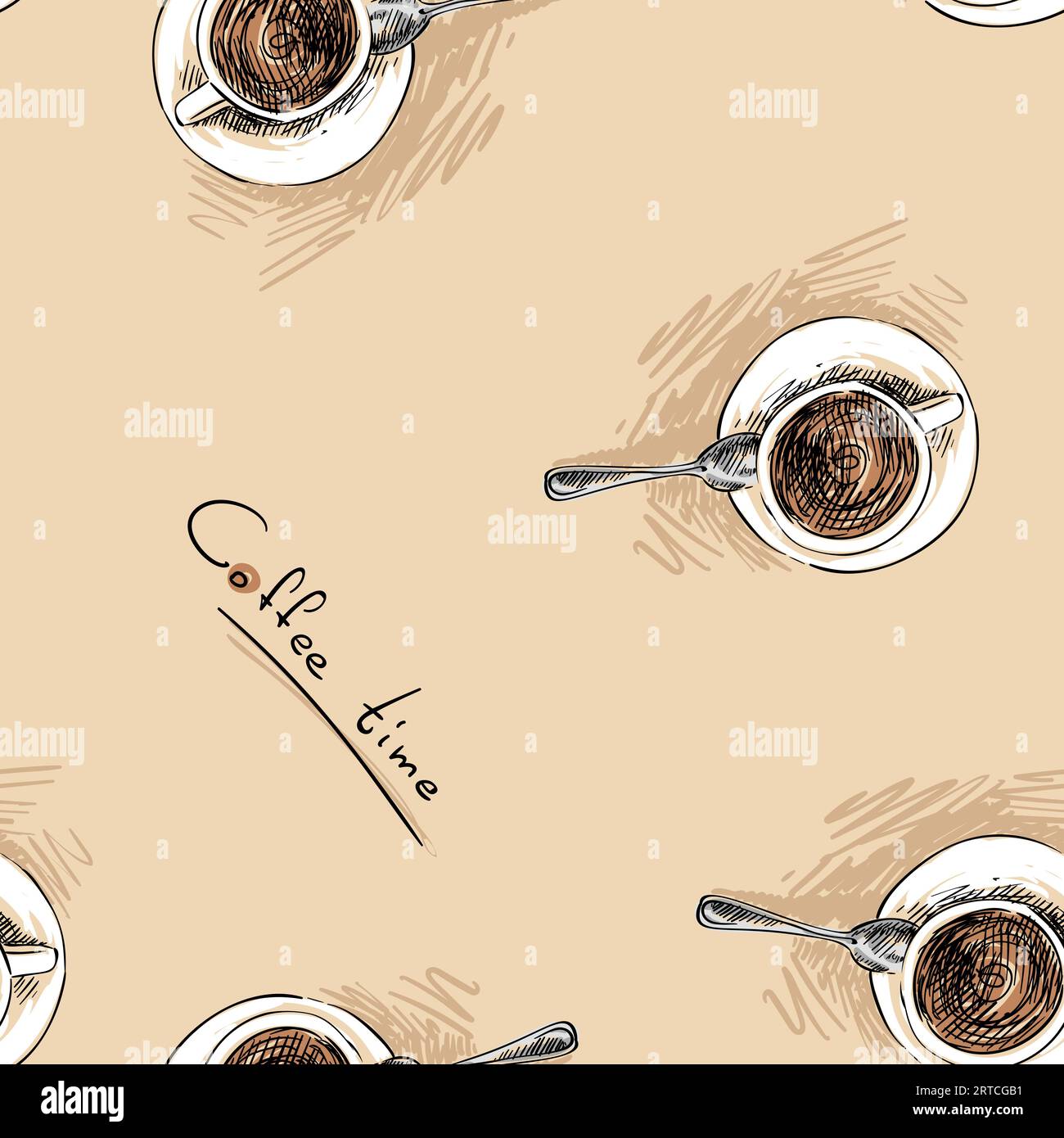 Seamless vector pattern with hand drawn coffee cups view from above ...