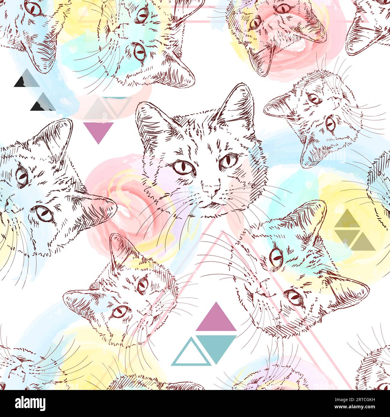 Seamless vector pattern with sketch of cat's head on background of ...