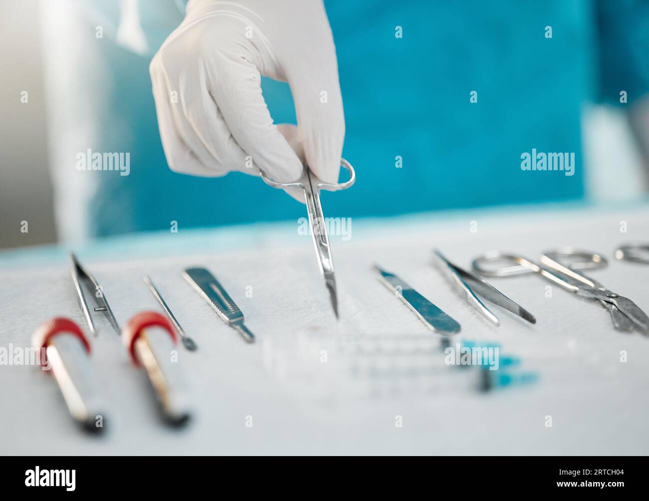 Surgery equipment, table and hands with scissors for a medical ...