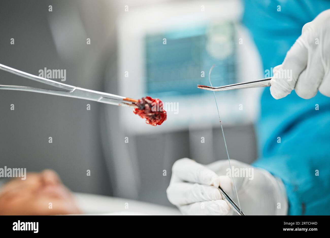 Surgery, doctors hands on tools and stitches with equipment, teamwork ...