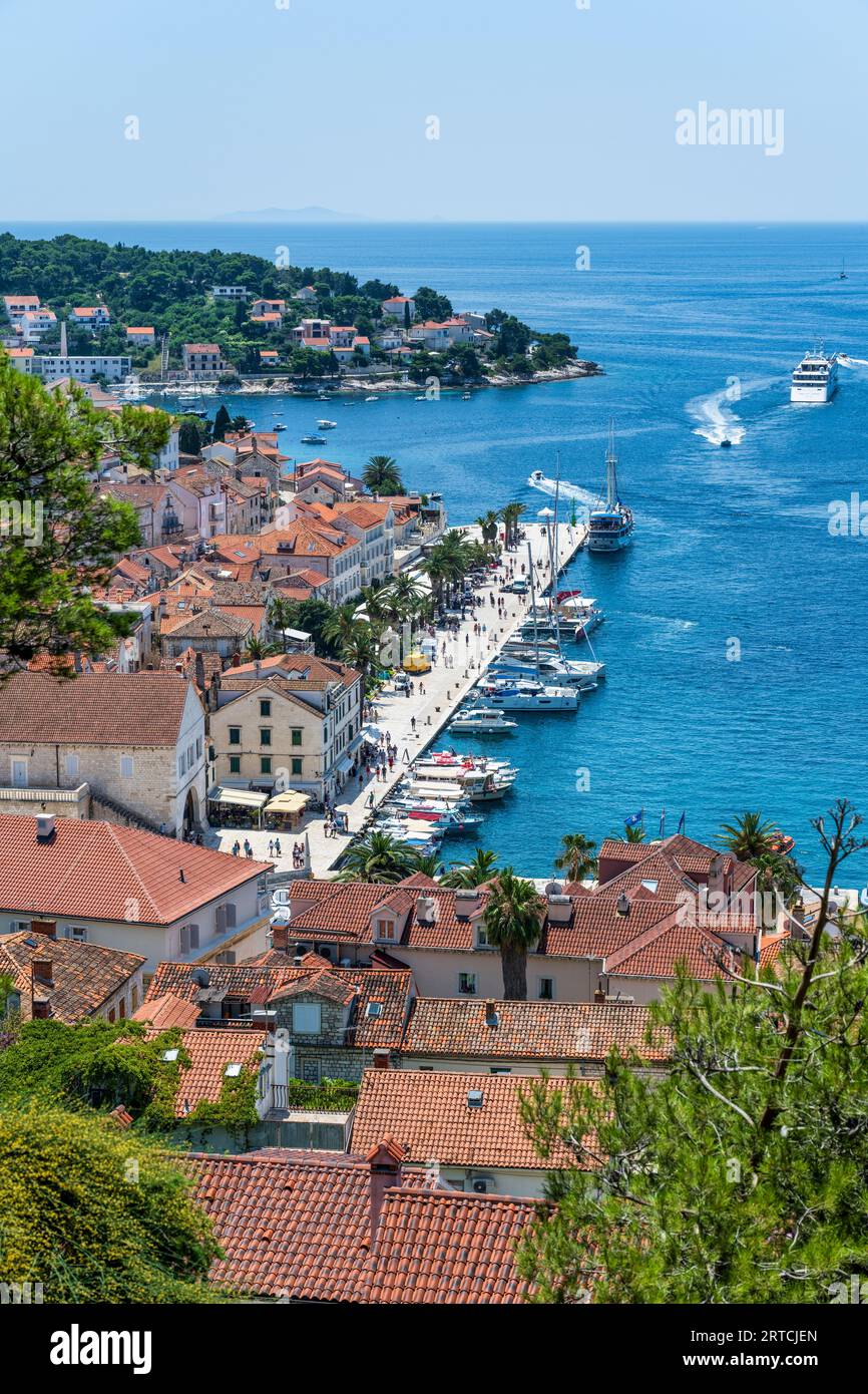 Aerial view of boats moored on Riva waterfront in Hvar Town (Grad Hvar ...