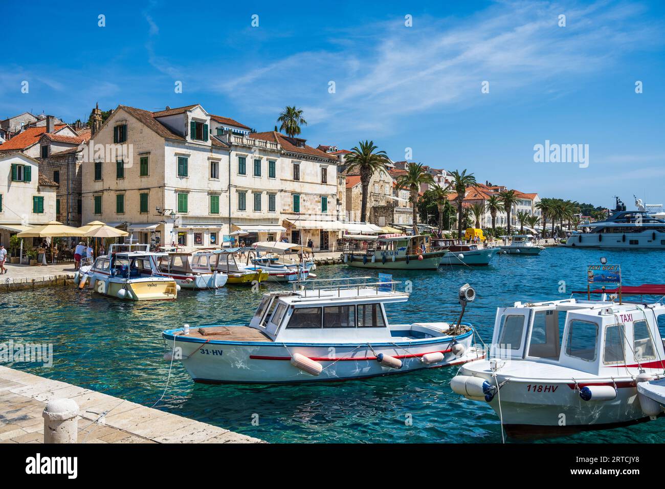 Boats in Riva waterfront in Hvar Town (Grad Hvar) on Hvar Island on the ...