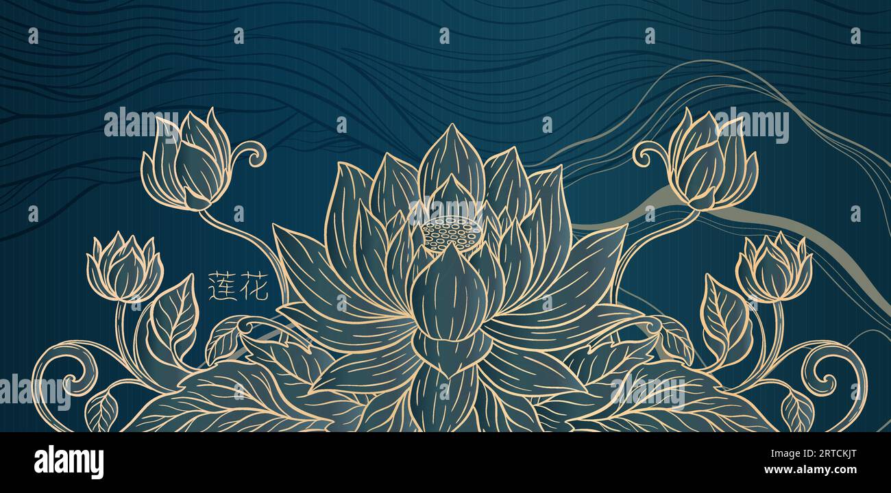Lotus and leaf sketch with fine graceful lines. Isolated flower on blue ...