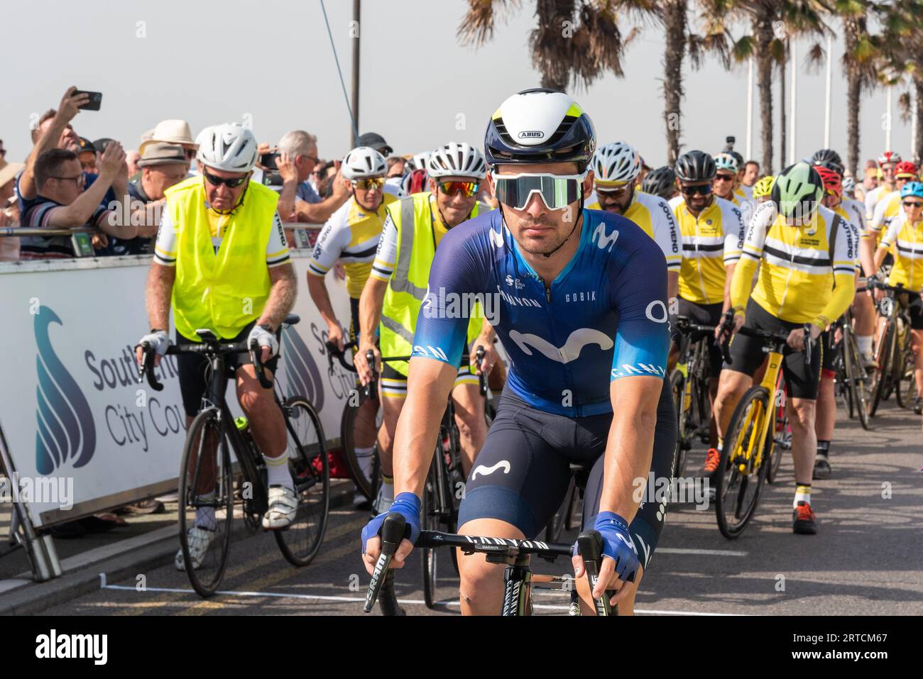 Rider of Movistar Team at the Tour of Britain cycle race Stage 6 start ...