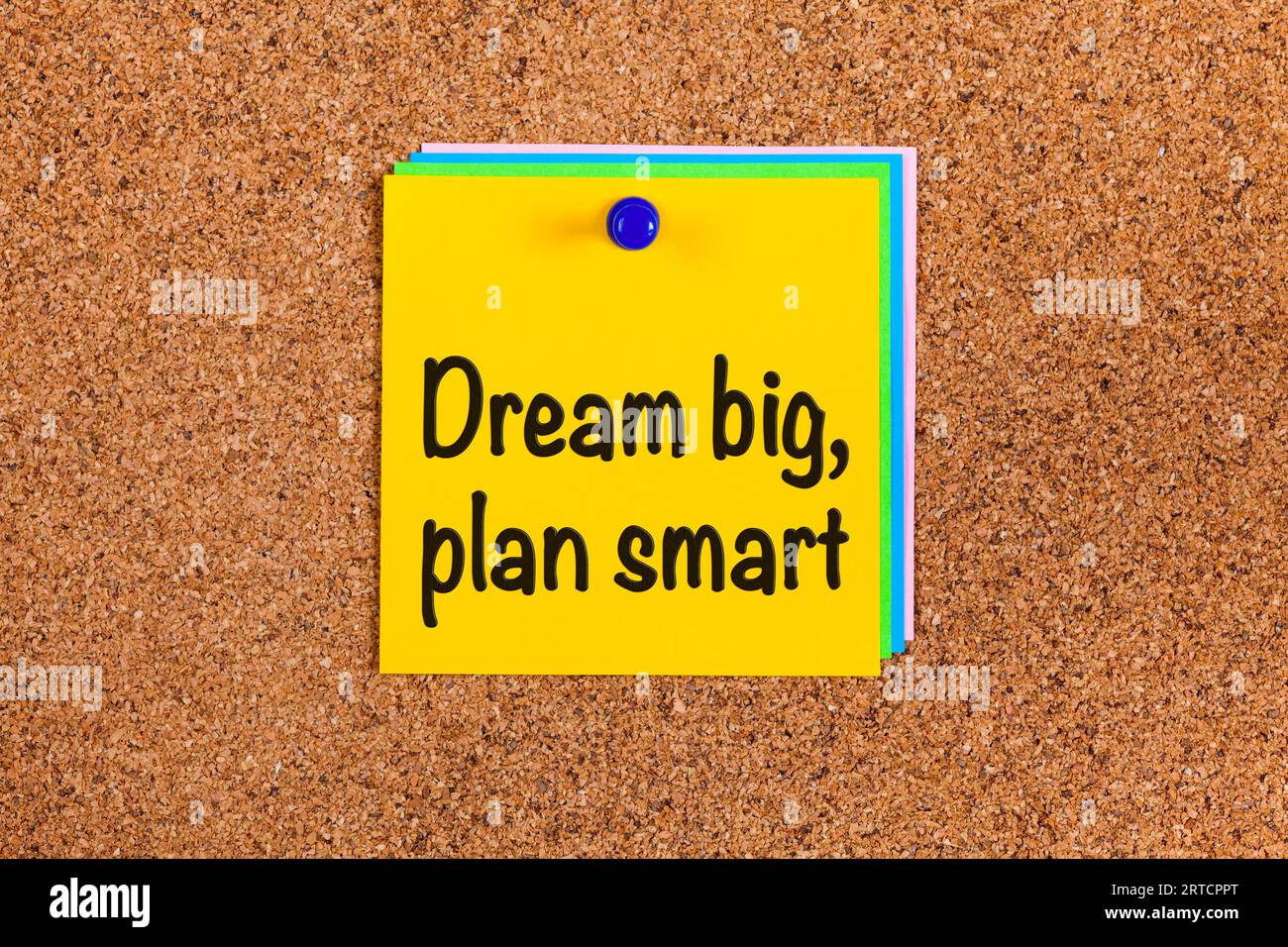 Yellow note with words Dream Big, Plan Smart on a corkboard Stock Photo ...