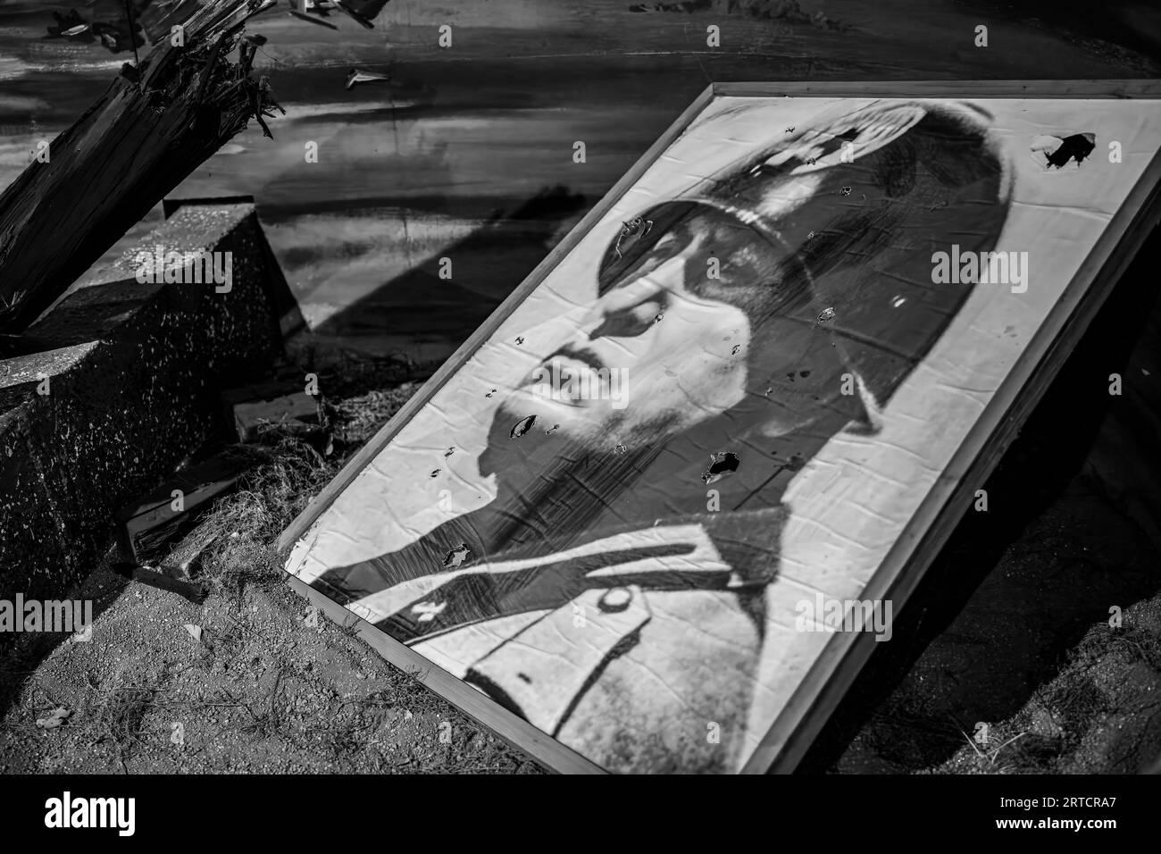Ancient photograph of Benito Mussolini ruined and thrown to the ground ...
