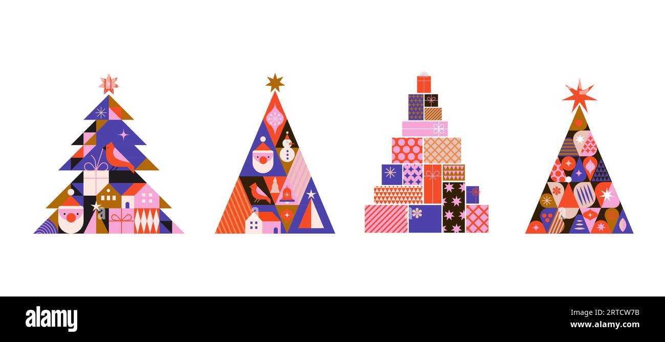 Collection of Christmas trees in modern minimalist geometric style ...