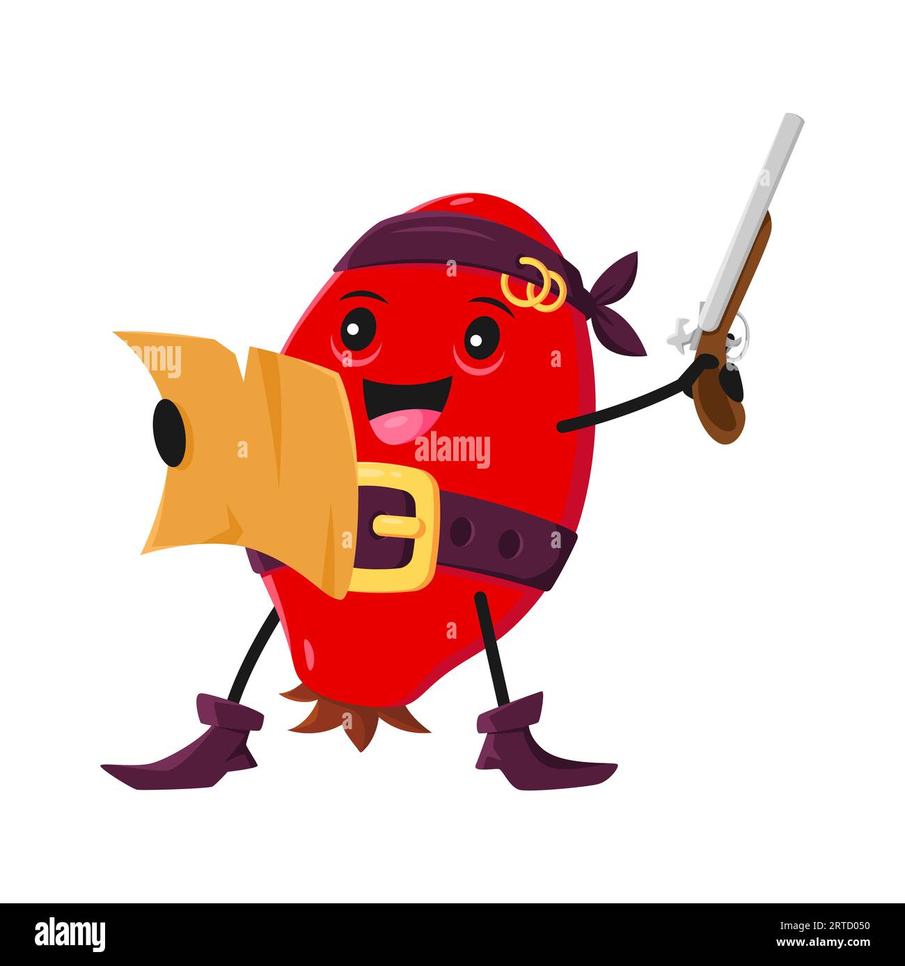 Cartoon rosehip berry pirate character with treasure map and musket ...