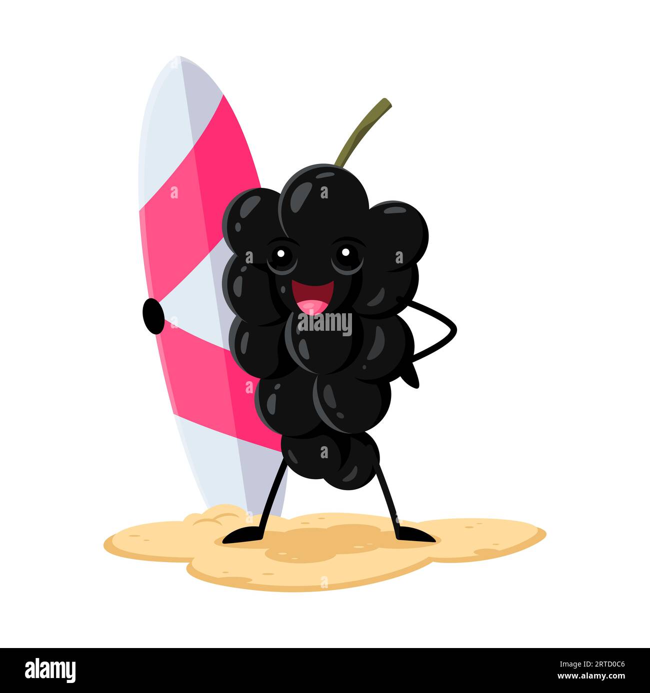 Cartoon black currant berry character surfer outdoor entertainment and ...