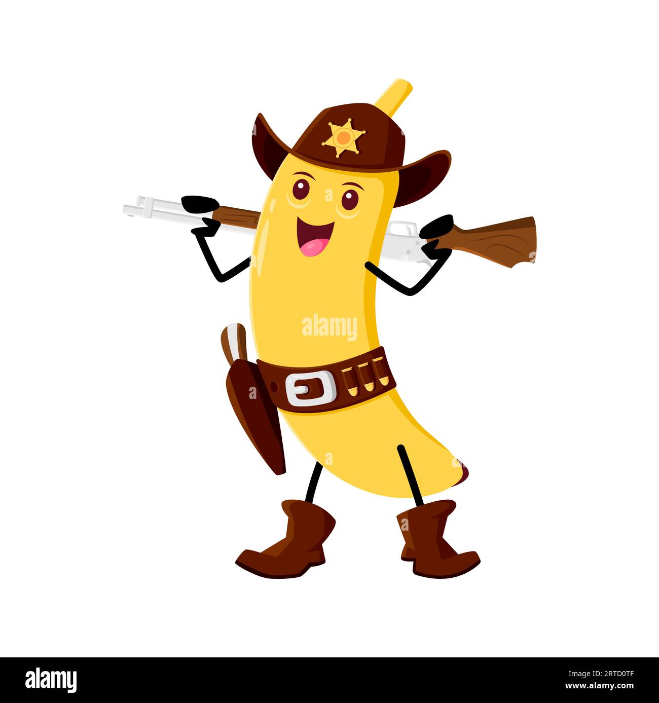 Cartoon banana fruit sheriff, cowboy or ranger character holding rifle ...