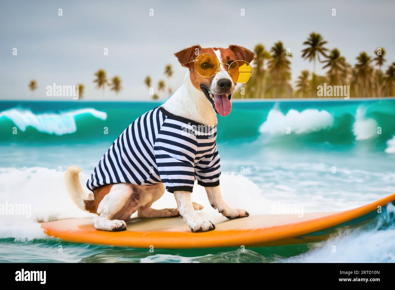 Funny dog Jack Russel surfing on a surfboard wearing sunglasses at the ...