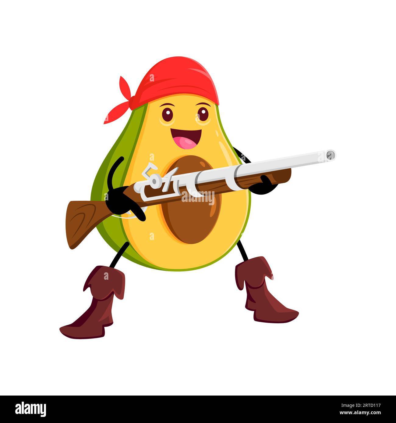 Cartoon avocado vegetable pirate or corsair character shoot with rifle ...