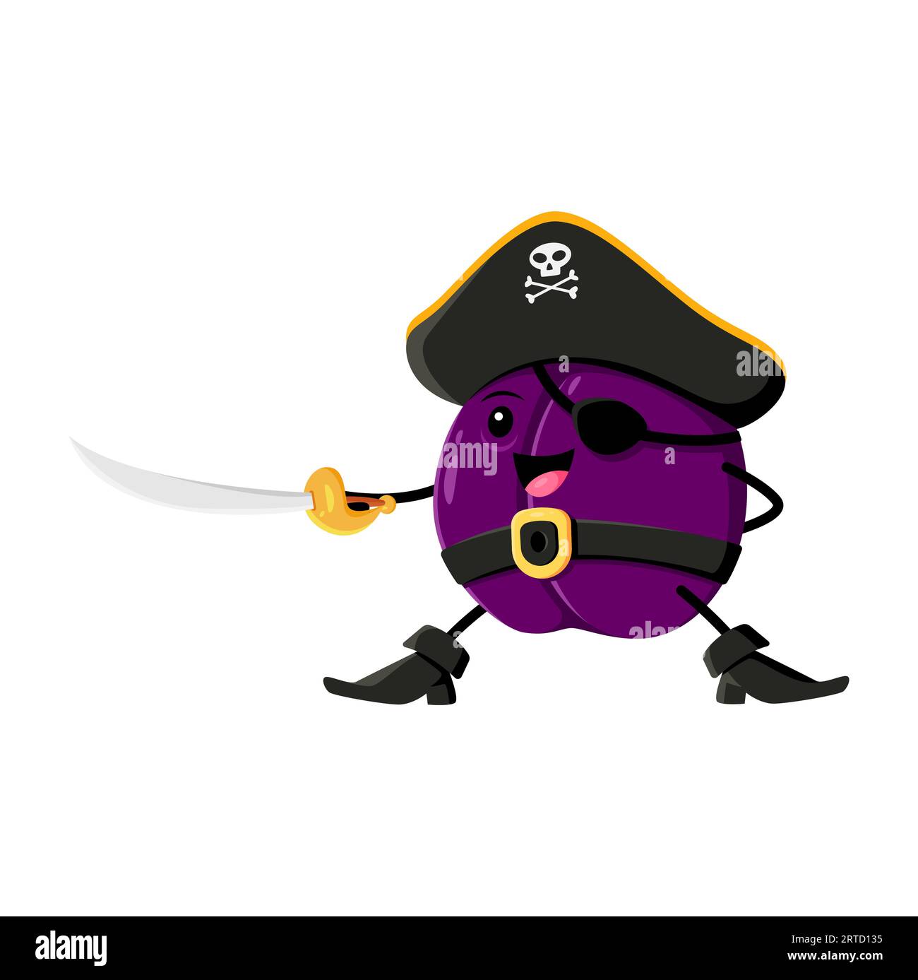 Cartoon plum fruit pirate and corsair character fight with saber ...