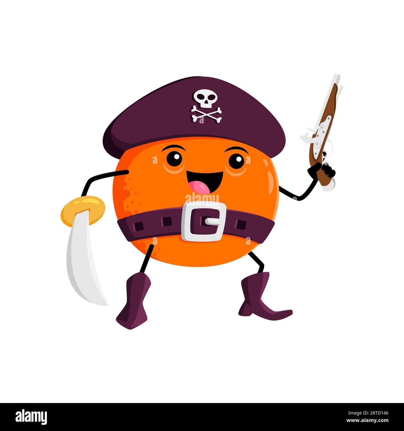Cartoon orange fruit pirate and corsair character with musket and ...