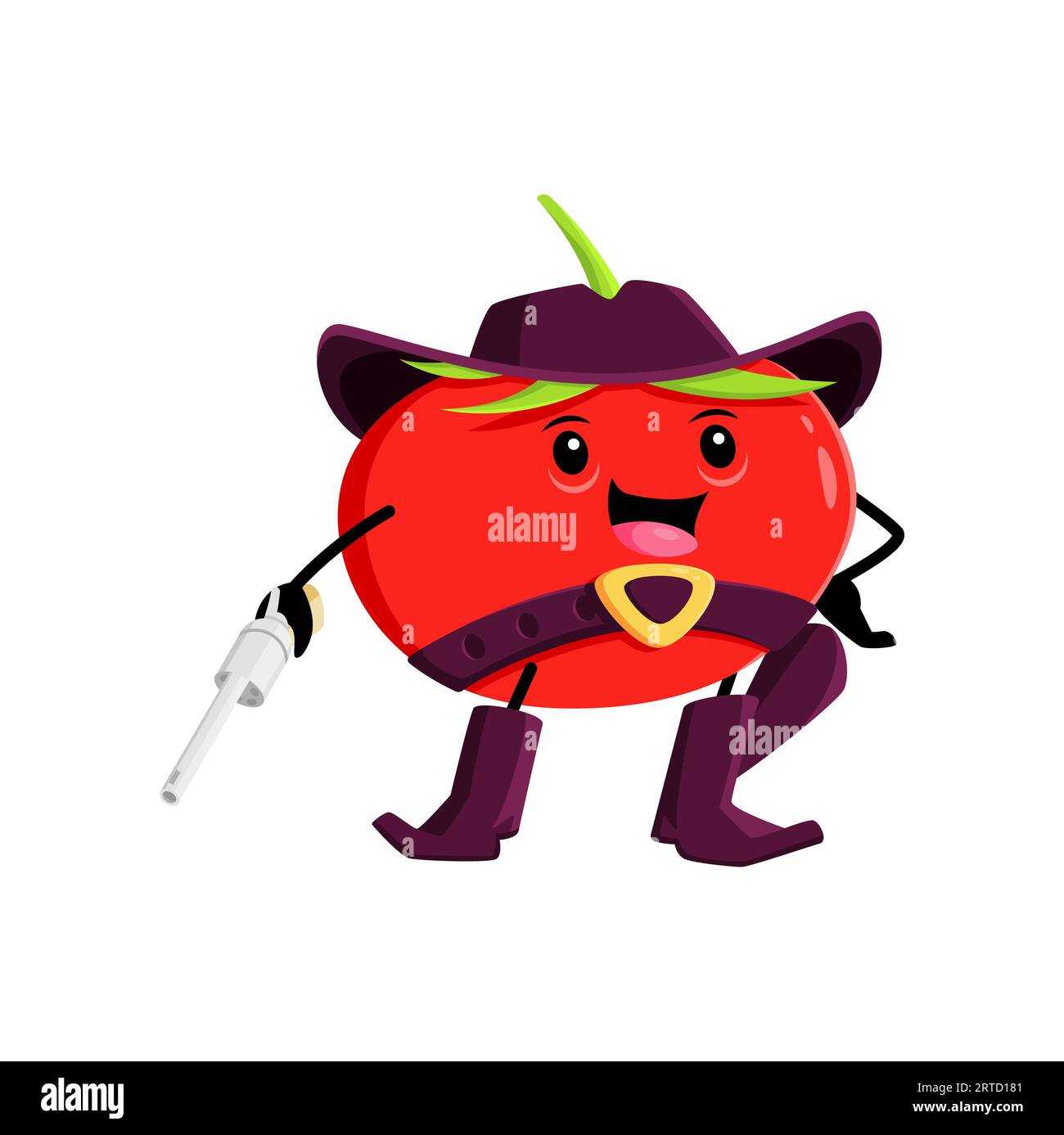 Cartoon tomato vegetable cowboy and ranger, sheriff, robber and bandit ...