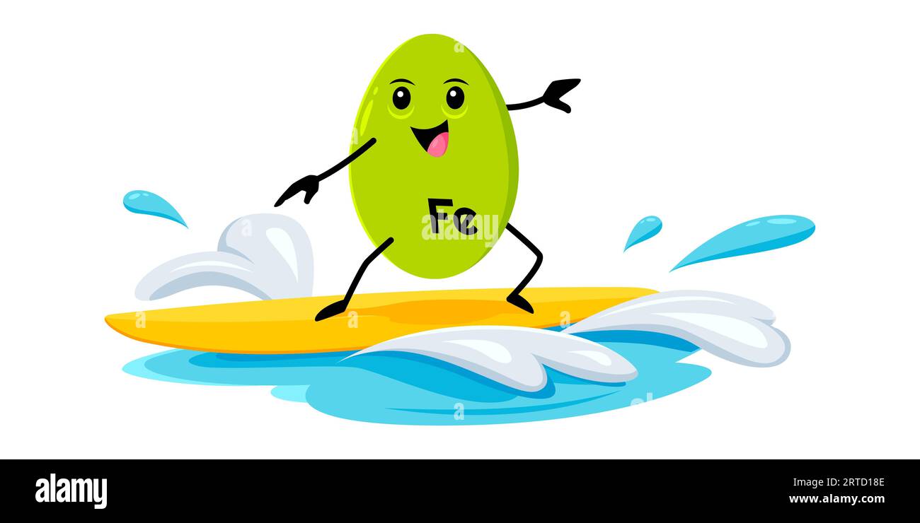 Cartoon ferrum micronutrient character on surf board during summer ...
