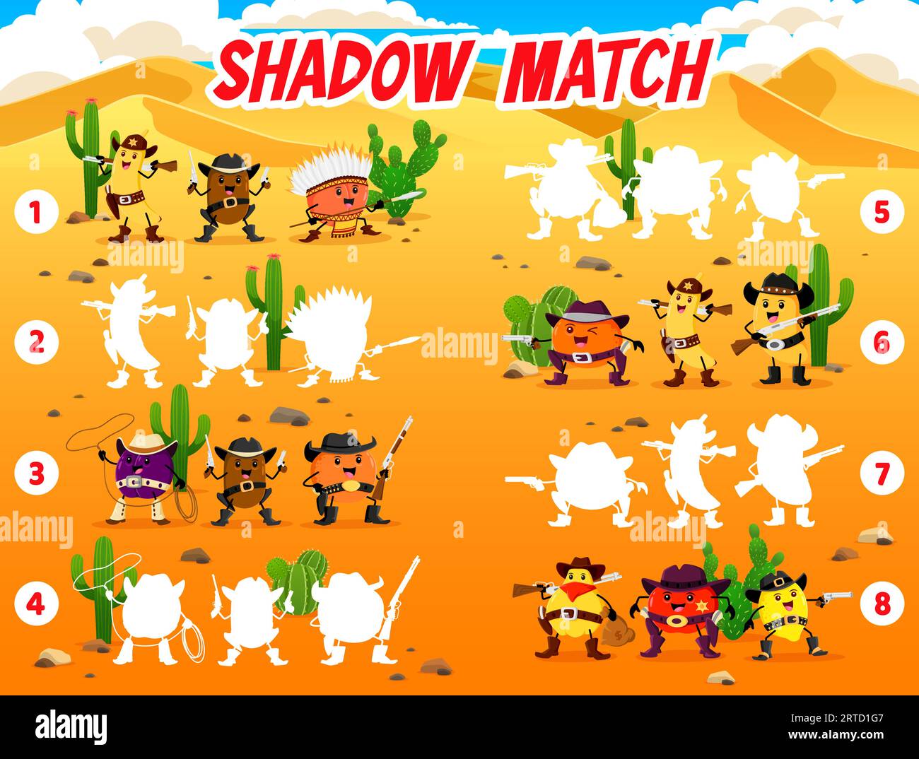 Shadow match game. Wild West cartoon Western cowboy, sheriff and robber ...