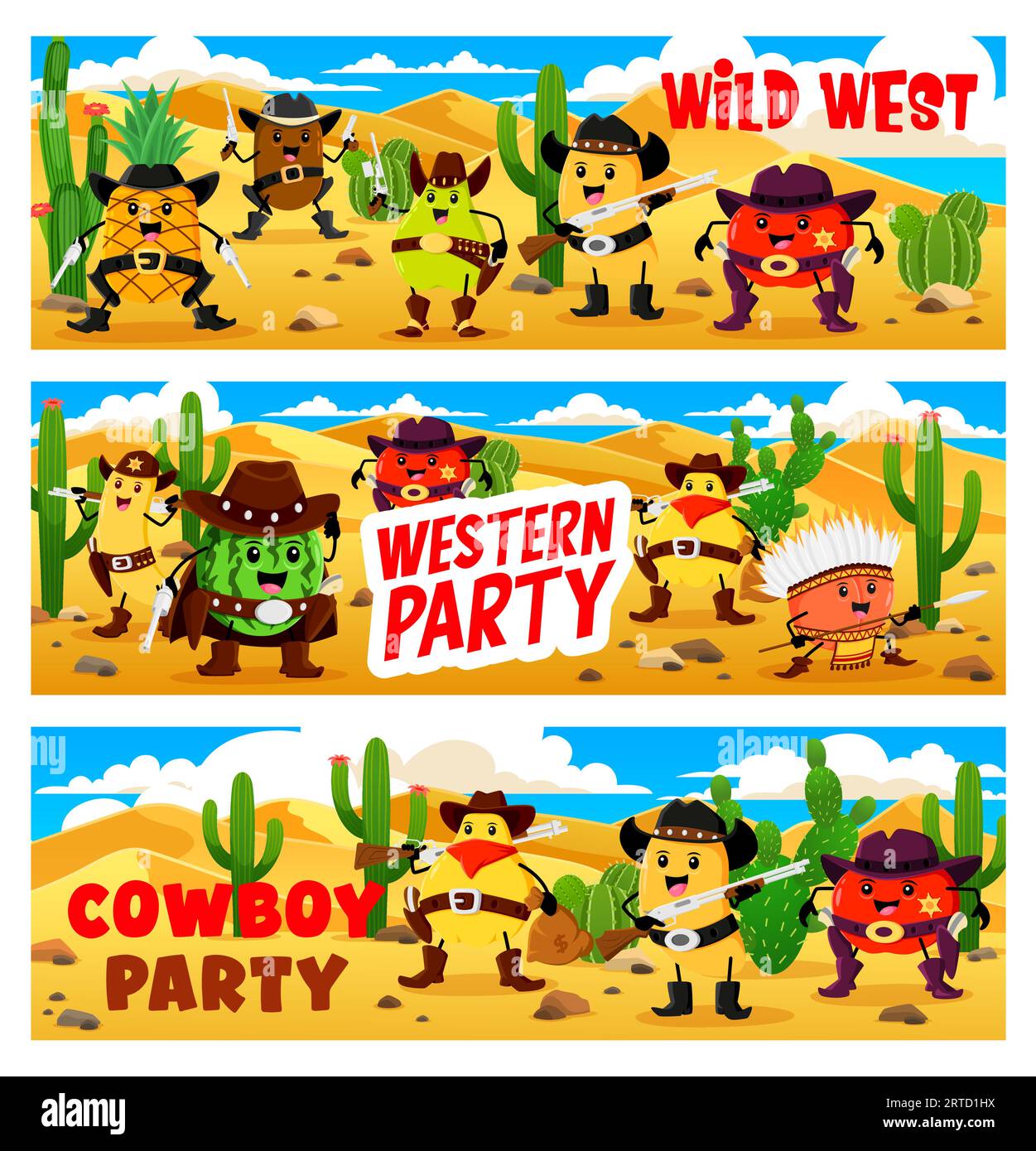 cartoon western cowboy, sheriff and robber fruits characters on Wild ...