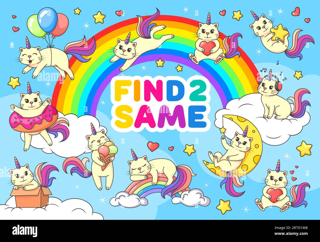 Find two same cartoon funny caticorn cats on rainbow in kids game ...