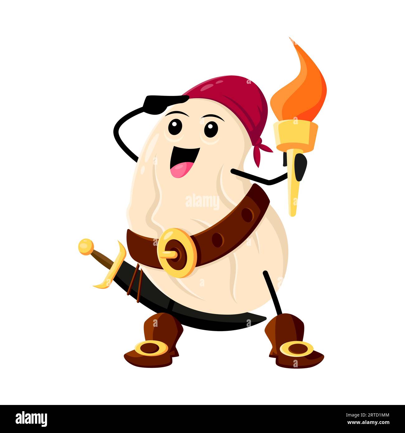 Cartoon cashew nut pirate character with torch and sword. Vector funny ...