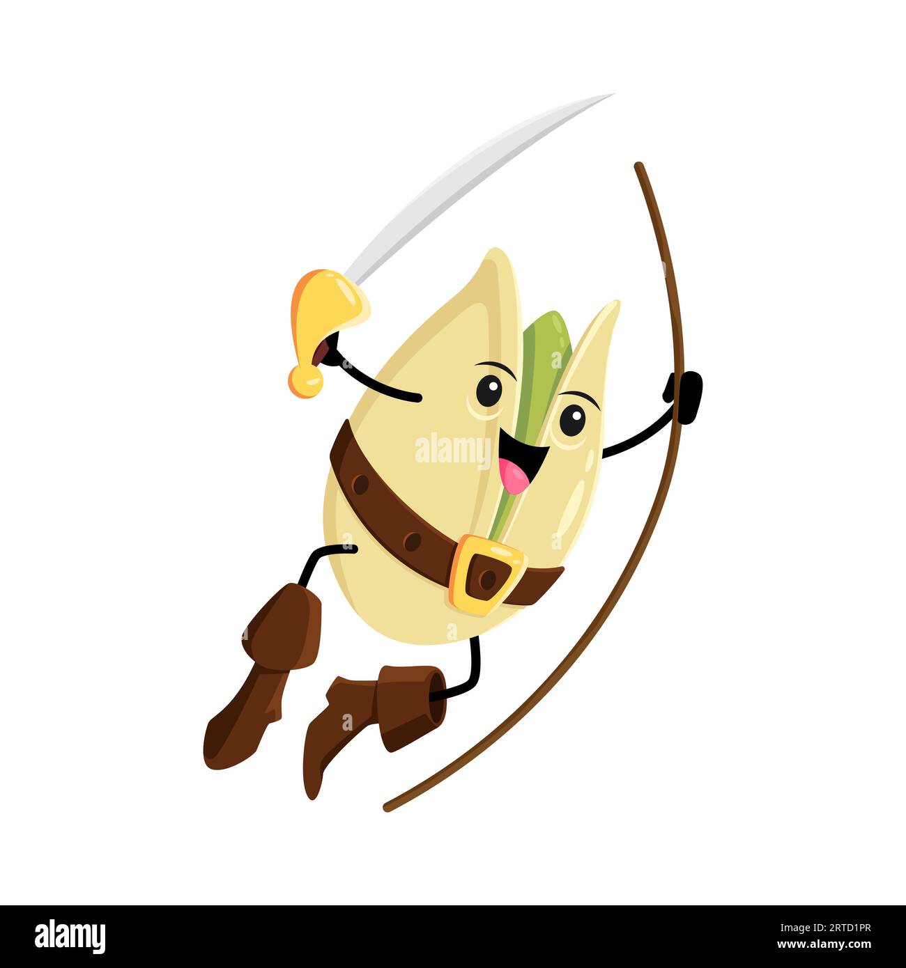 Cartoon pistachio nut pirate character holding saber riding a rope ...
