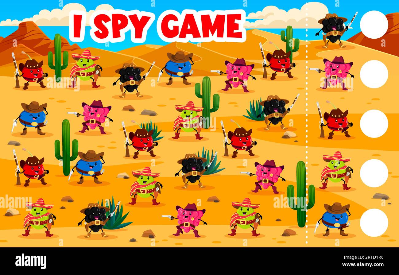 I spy game, cartoon western berry cowboy, sheriff, ranger and bandit ...