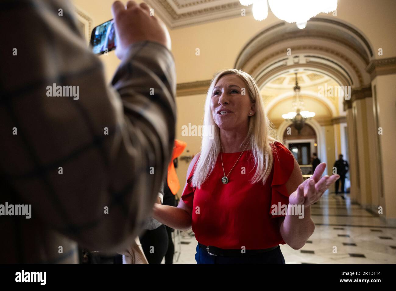 Rep. Marjorie Taylor Greene (R-Ga.) speaks with reporters about House ...