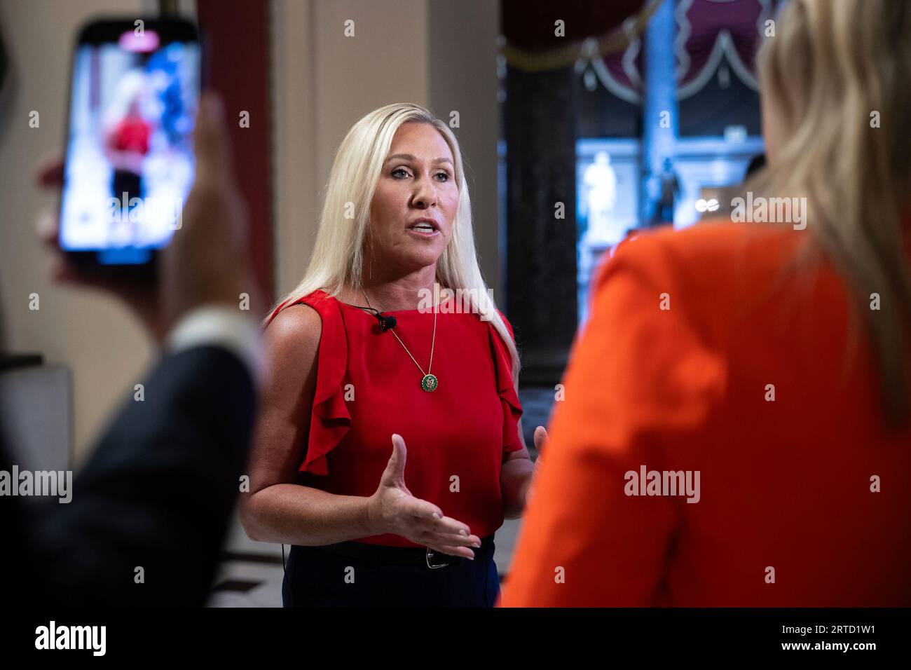 Rep. Marjorie Taylor Greene (R-Ga.) speaks with reporters about House ...