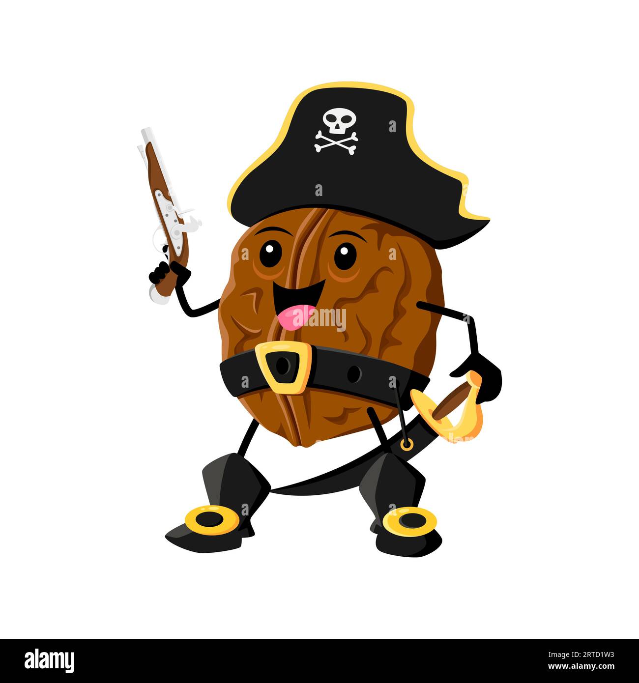 Cartoon walnut nut pirate character with saber and gun. Isolated vector ...