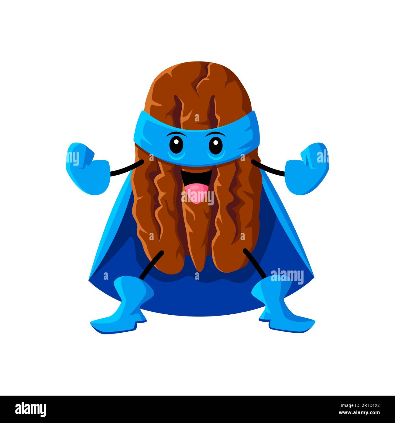 Cartoon pecan nut superhero character in blue mask, cape and gloves ...