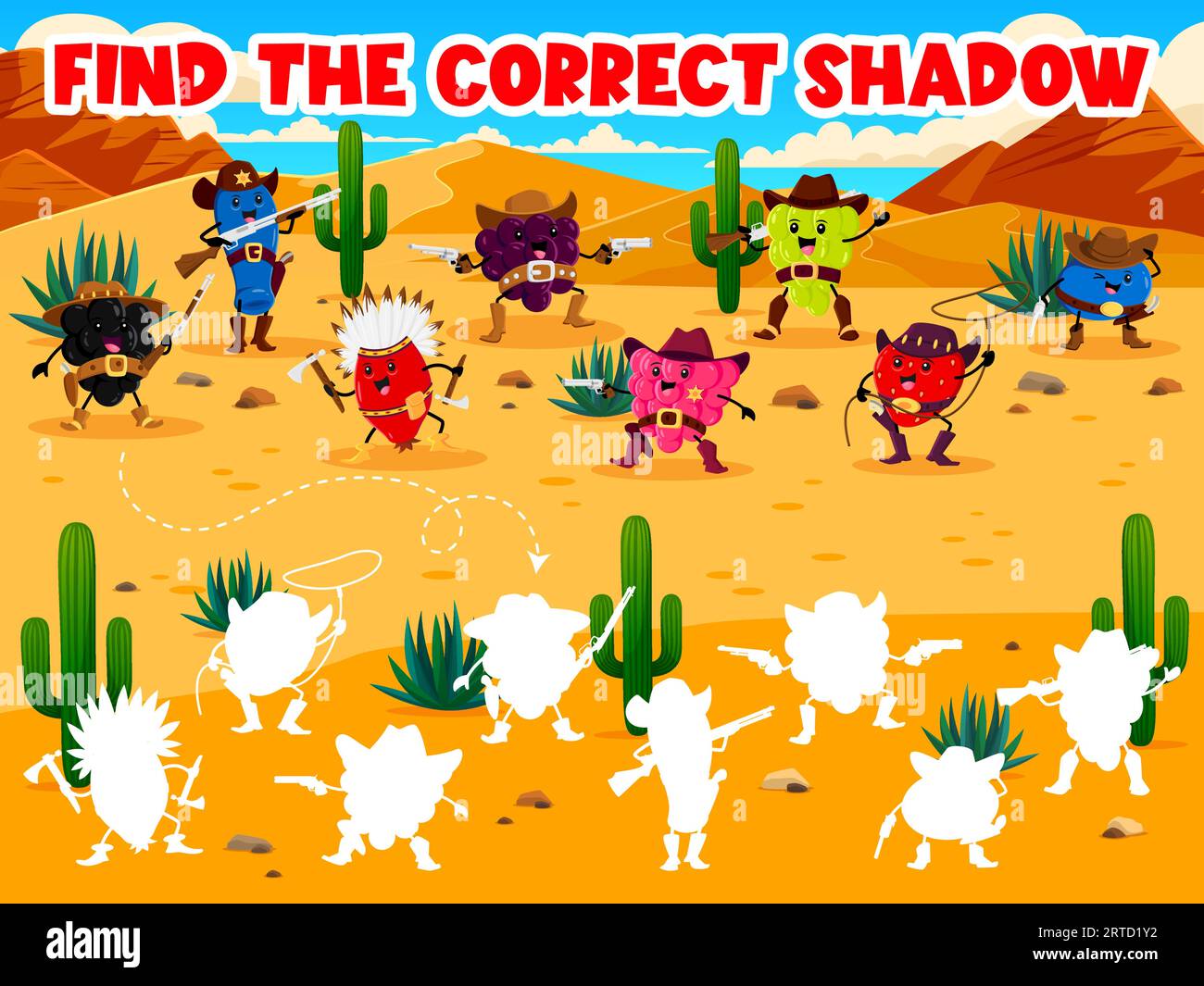 Find the correct shadow of cartoon western berry cowboy, sheriff ...
