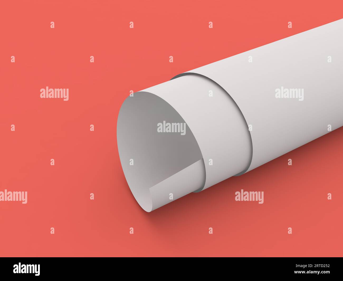 A sheet of office paper folded rolled into a roll on a red background ...