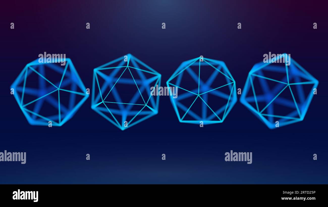 4 icosahedrons with edges from different angles of view. Depth of field. Visualization of gems ...