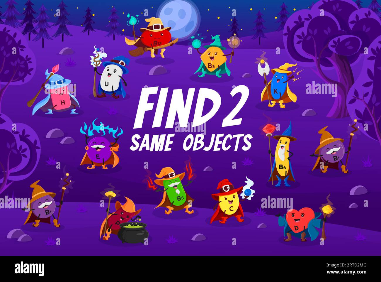Find two same cartoon vitamin wizard characters kids game worksheet ...