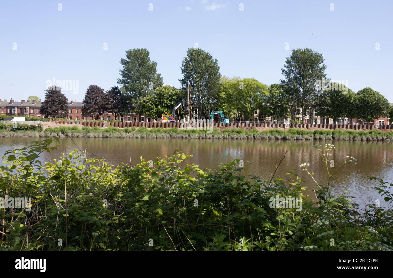 Flood defence work along the River Ribble Preston Lancashire England ...