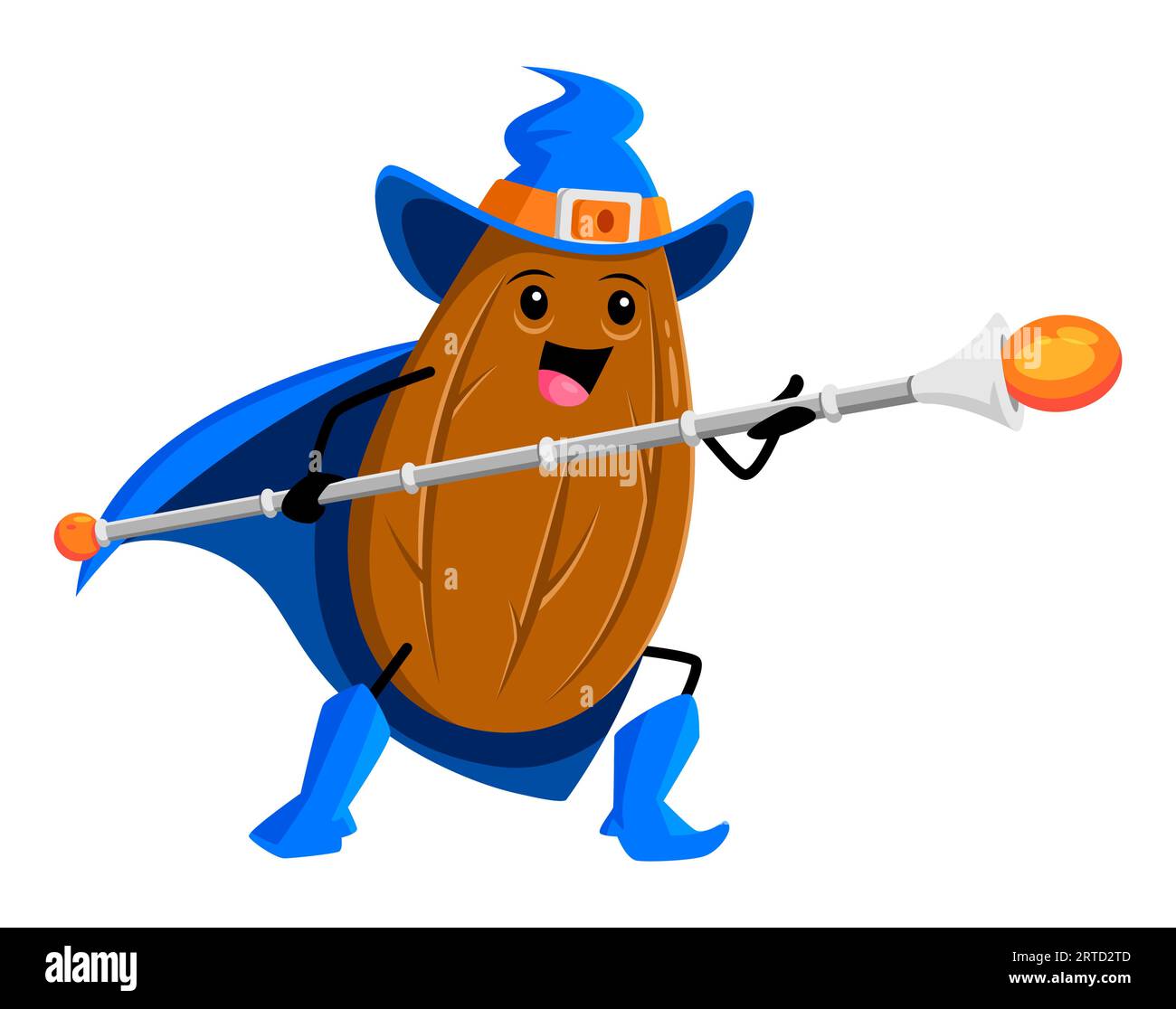 Cartoon almond nut wizard character armed with magic staff. Isolated ...
