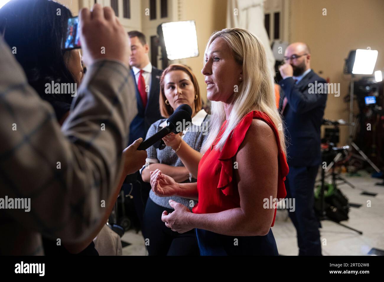 Rep. Marjorie Taylor Greene (R-Ga.) speaks with reporters about House ...