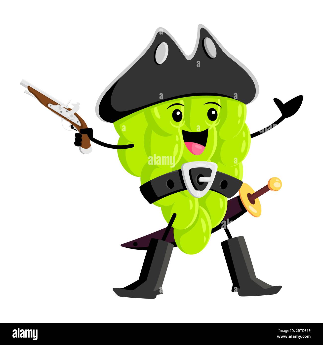Cartoon grapes fruit or berry pirate and corsair character holding gun. Isolated vector ...