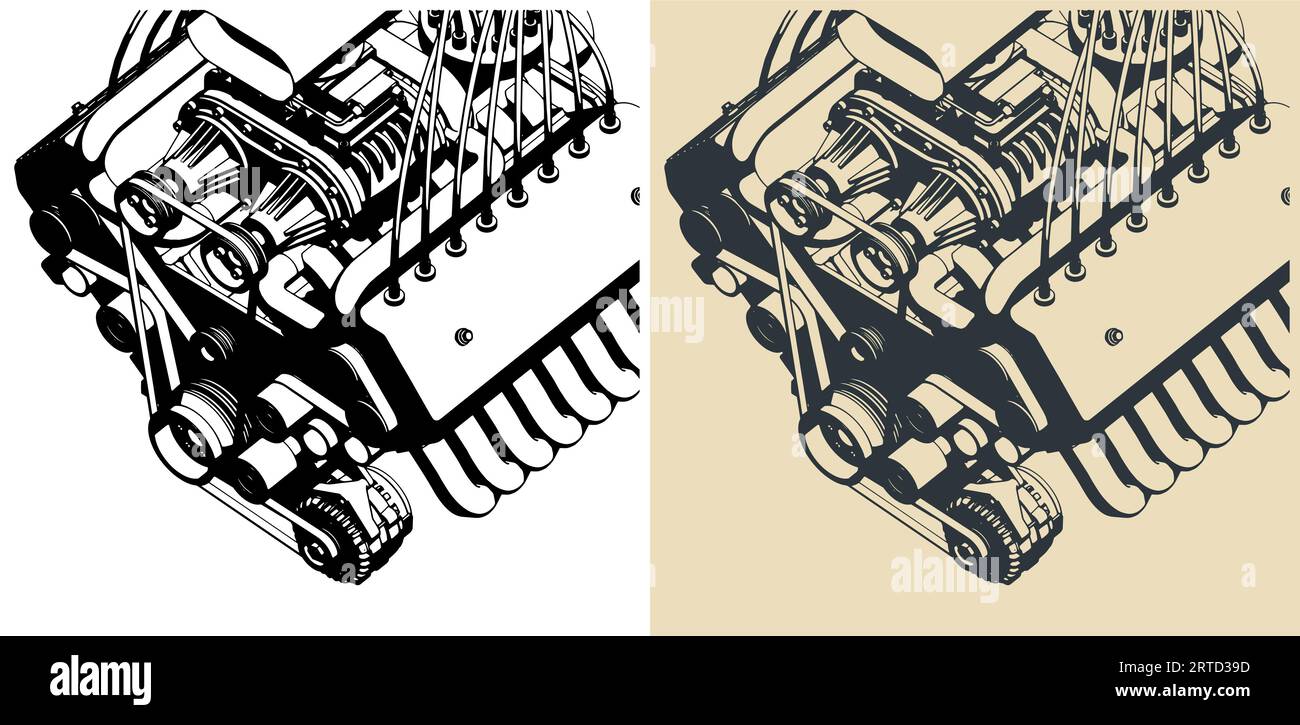 Stylized vector illustrations of powerful turbocharged V-engine close ...