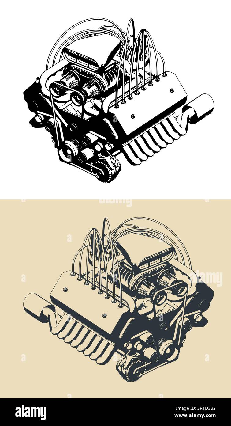 Stylized vector illustrations of powerful turbocharged V-engine Stock ...