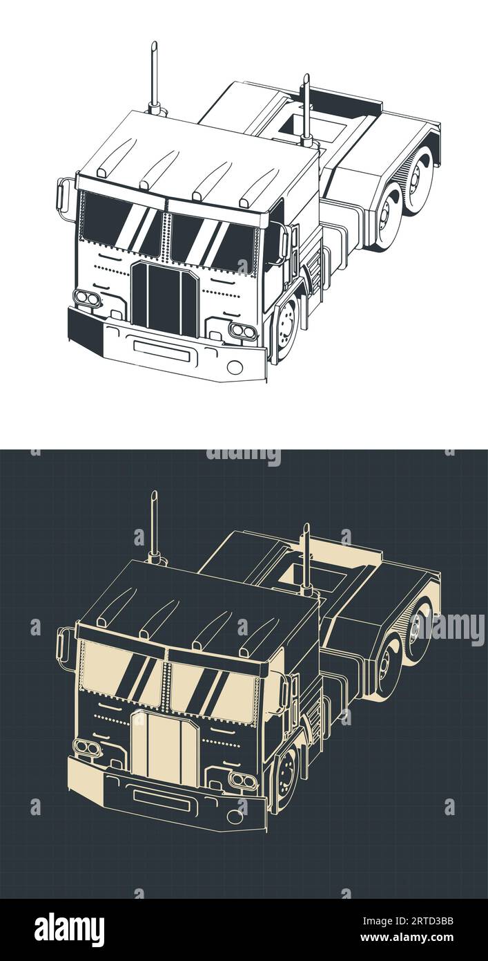 Stylized vector illustration of isometric blueprint of truck tractor ...