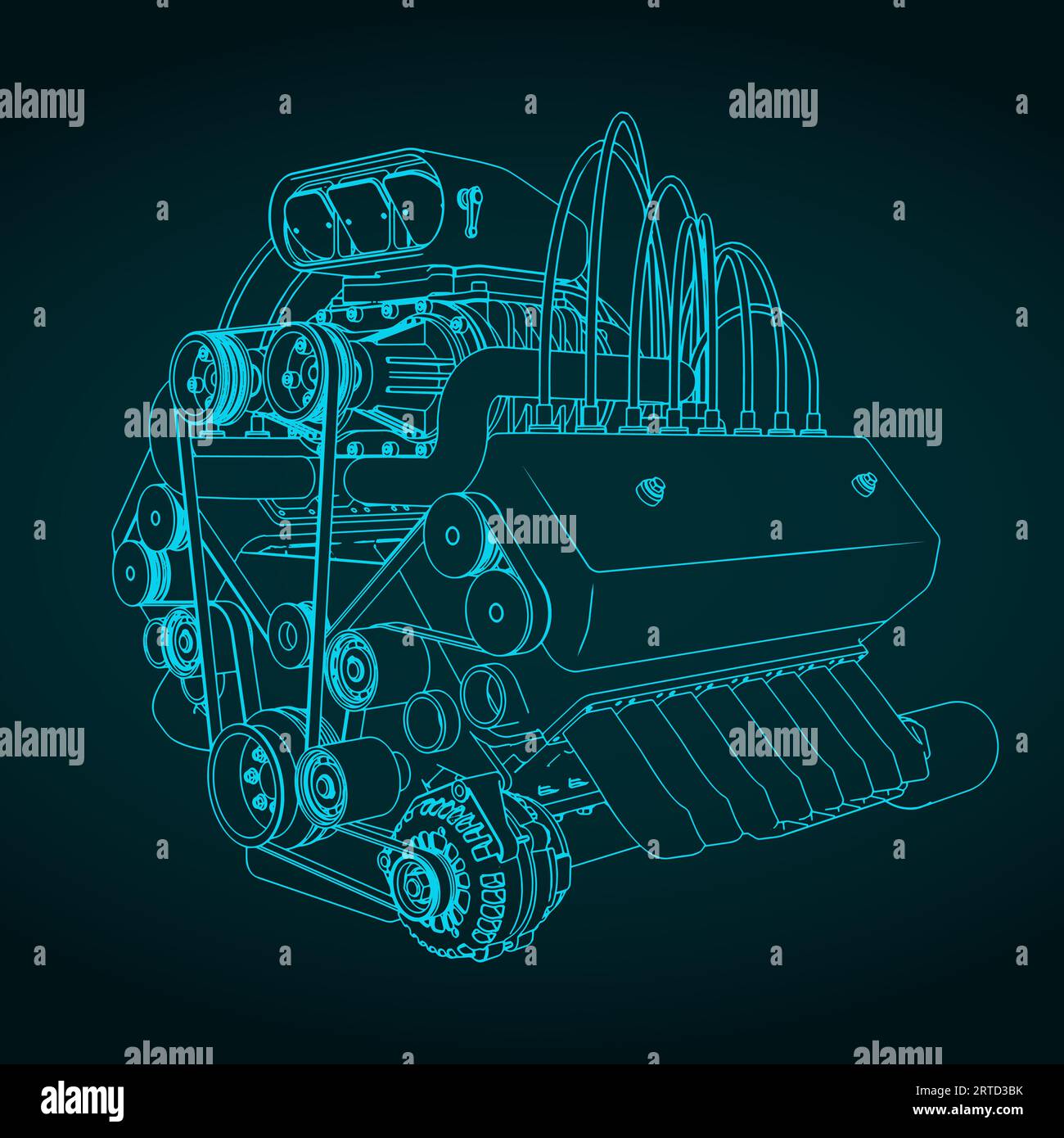 Stylized vector illustration of blueprint of powerful turbocharged V ...