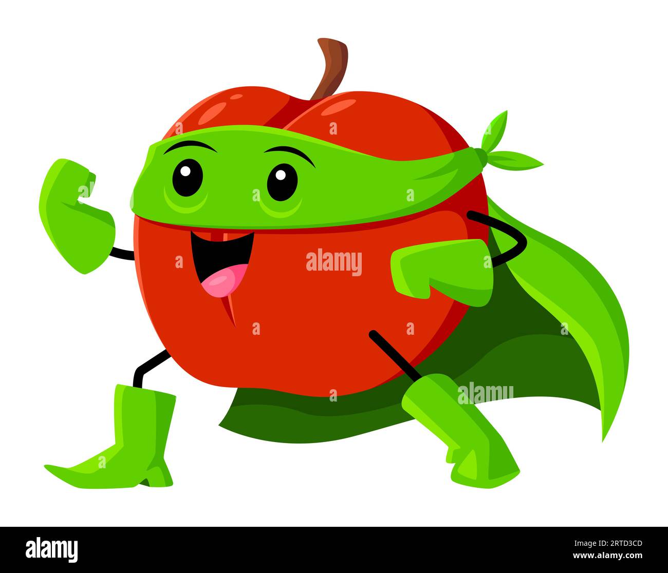 Cartoon red apple fruit superhero character wear green cape and mask ...